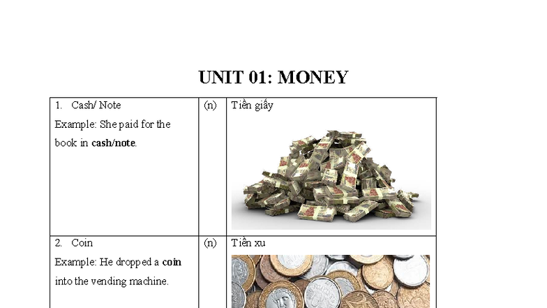 UNIT 01: MONEY - Vocabulary and Examples - Studocu