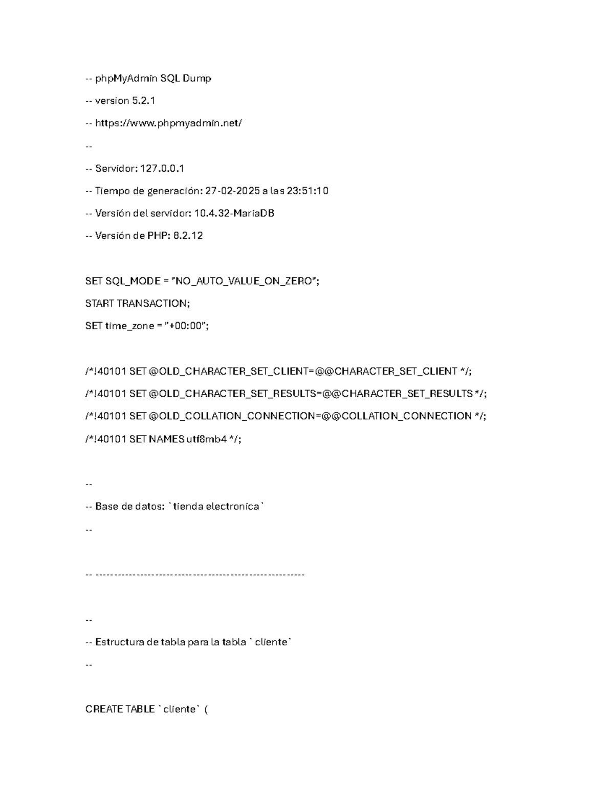 phpMyAdmin SQL Dump: Estructura y Datos de Base de Datos `tienda electronica` - Studocu