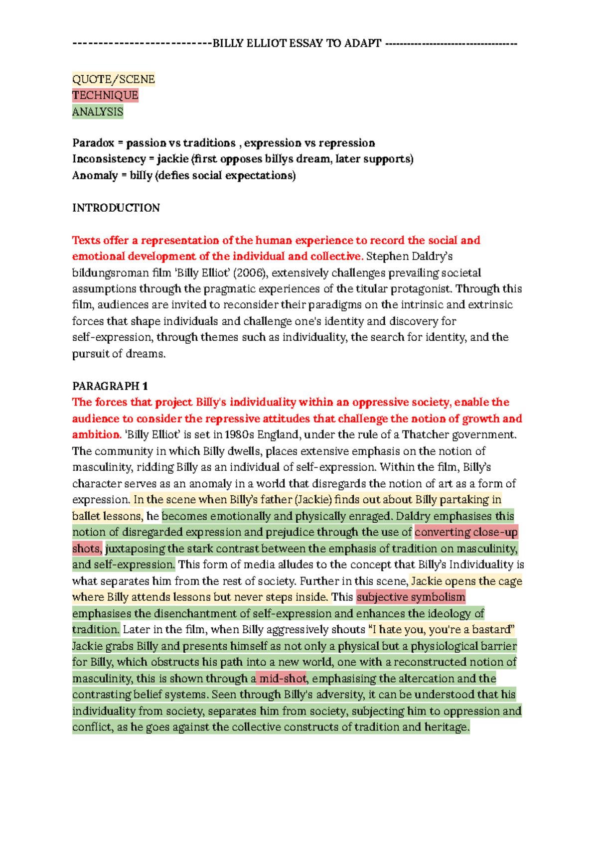 BILLY ELLIOT Essay Analysis: Unpacking Identity & Dreams in Film - Studocu