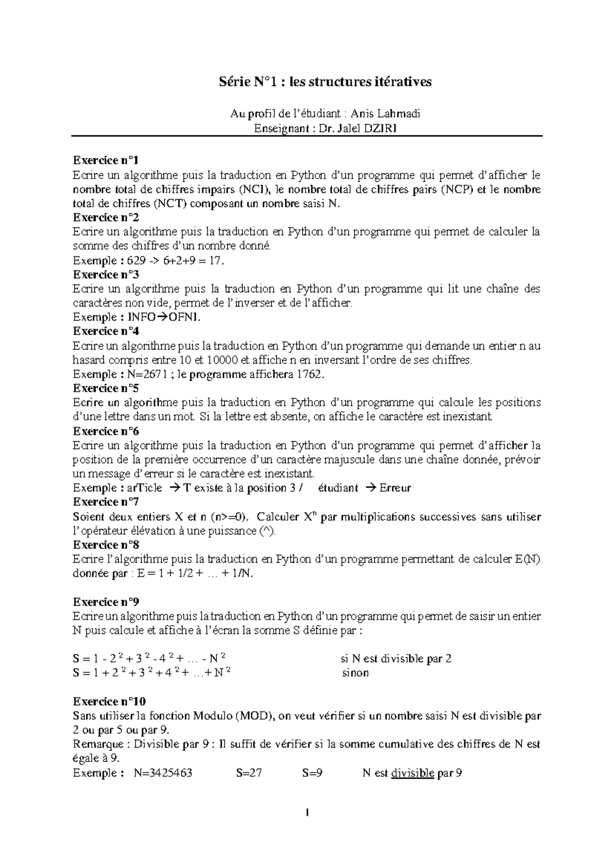 Série N1 - Cours de Structures Itératives et Algorithmes en Python ...