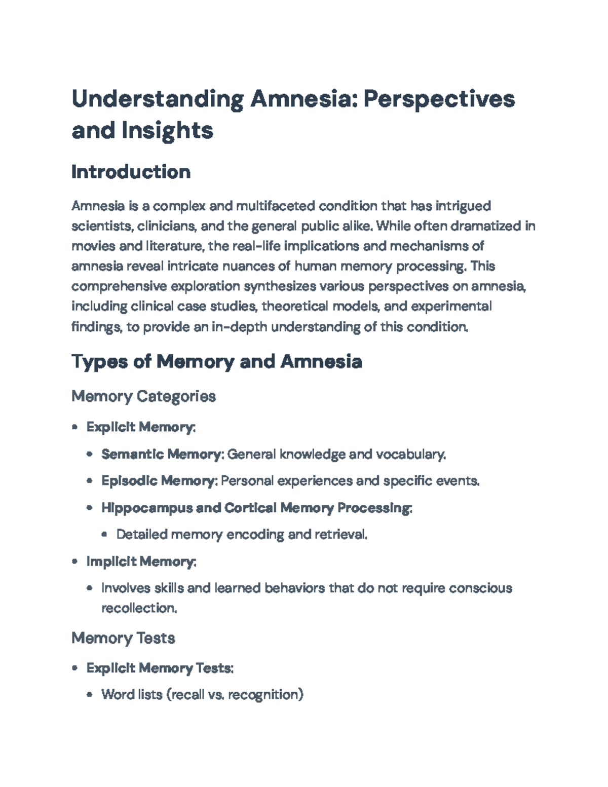 Understanding Amnesia: Insights from Clinical Cases and Theoretical ...