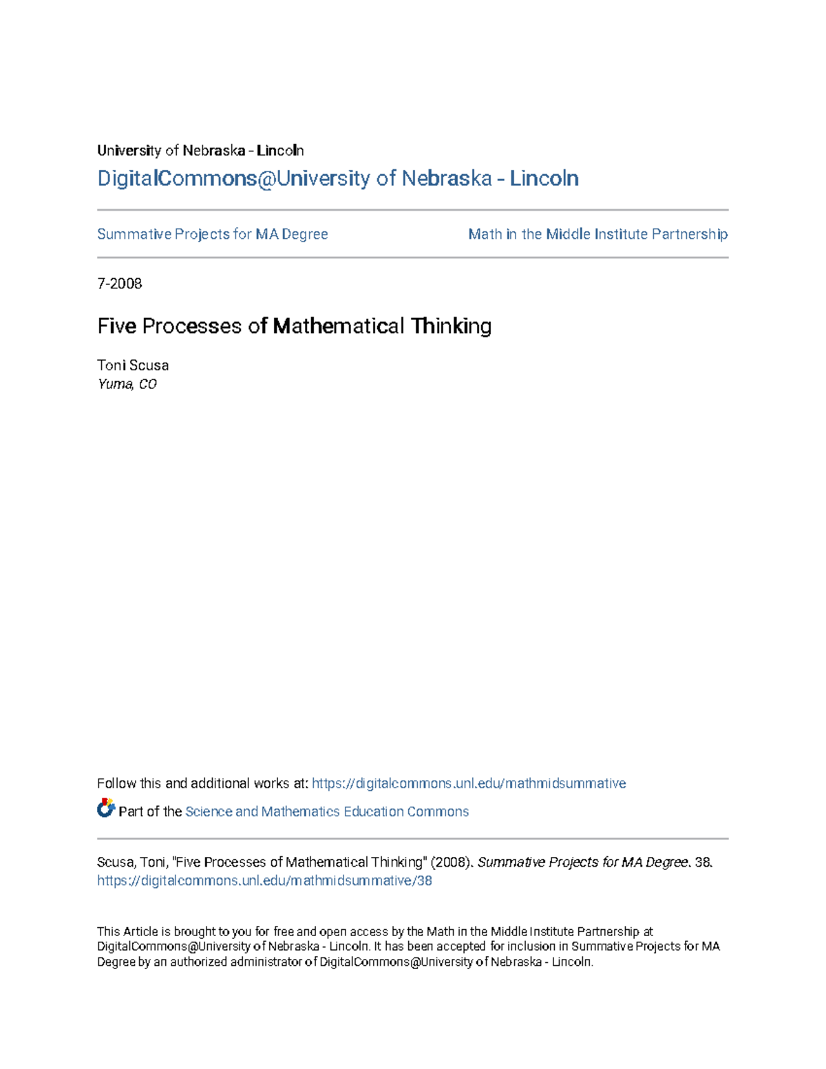 Five Processes of Mathematical Thinking - unl/mathmidsummative Part of ...