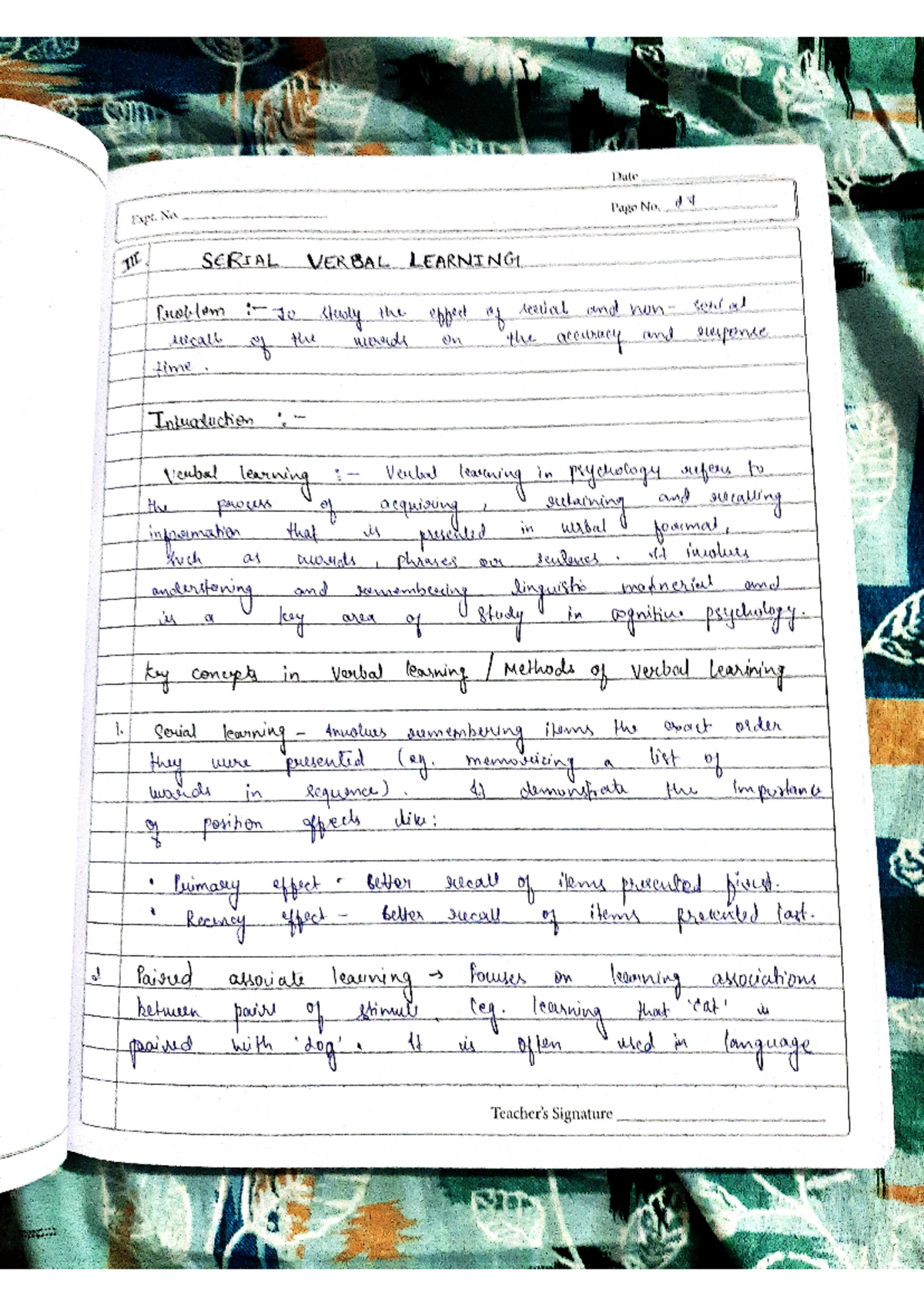 Experiment 3 serial verbal learning - Date Exps Na Page No. NY nr ...