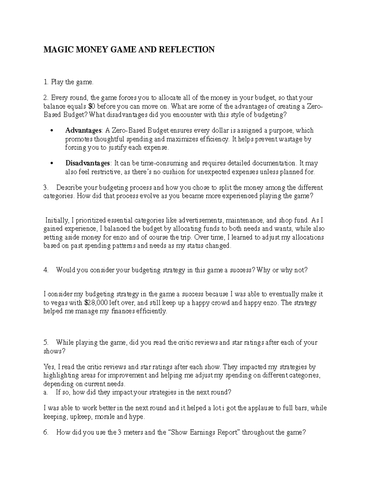 MAGIC MONEY GAME REFLECTION: BUDGETING STRATEGIES & INSIGHTS - Studocu