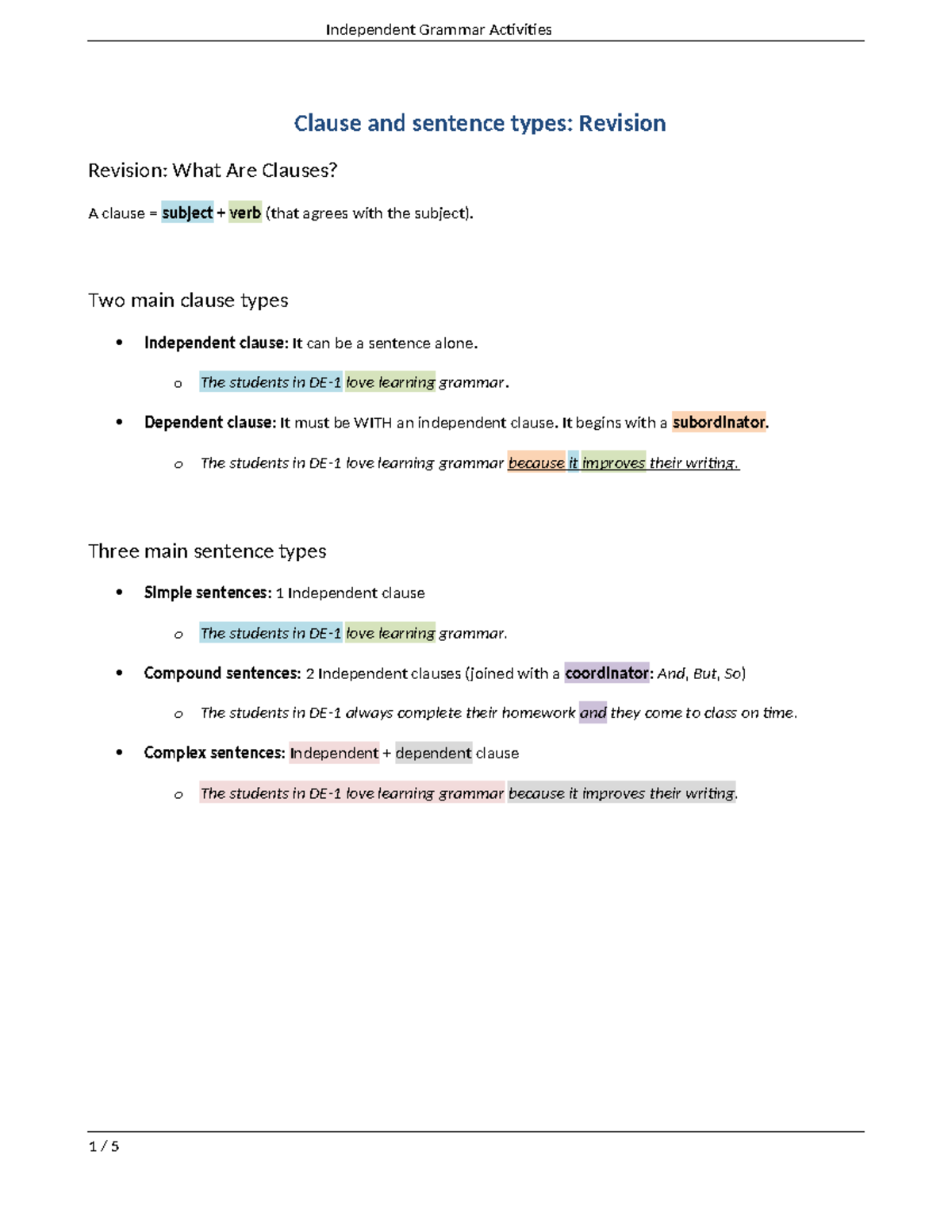 Independent Grammar Activities: Understanding Clauses & Sentence Types ...