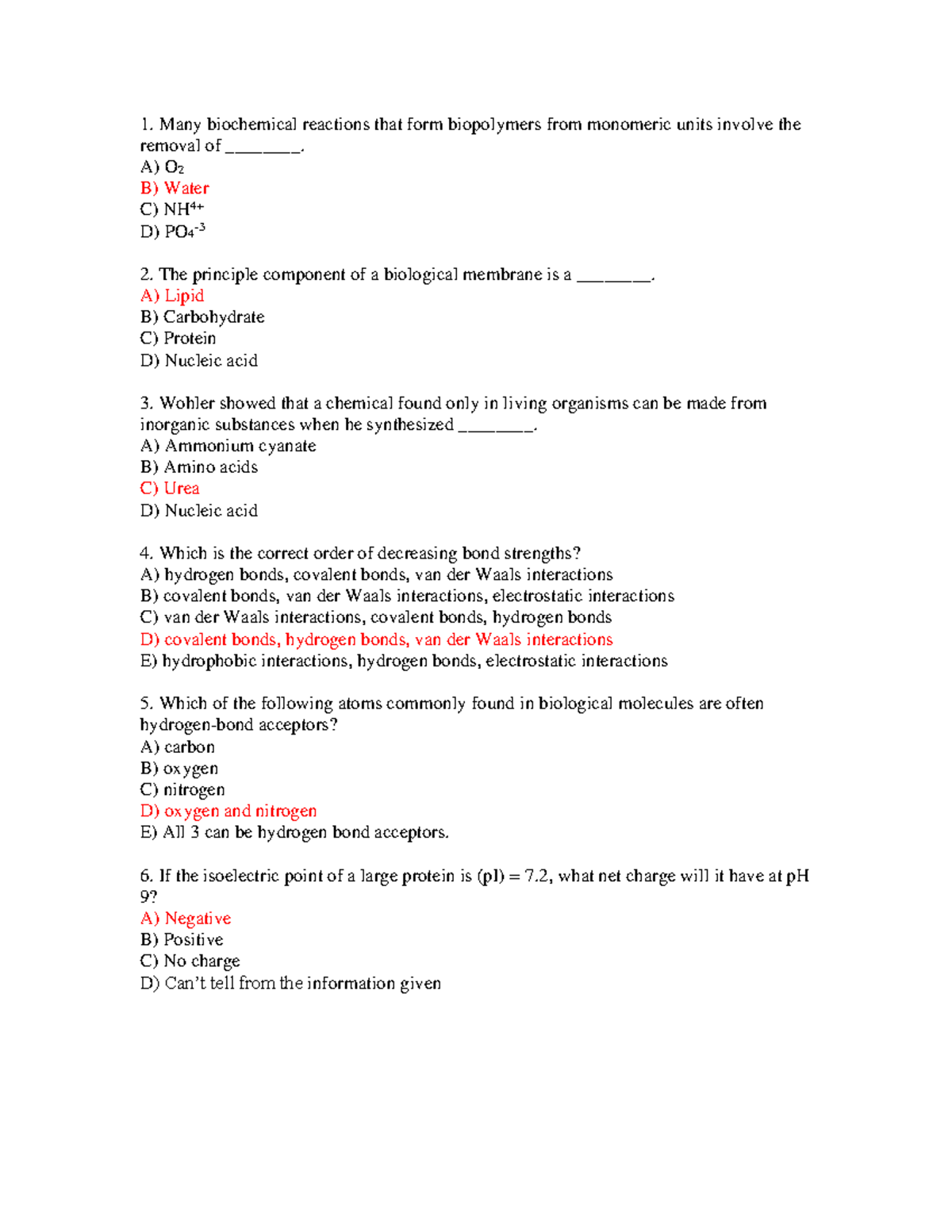 BISC 312 Midterm 1 Sample Key: Biochemical Reactions & Membrane ...