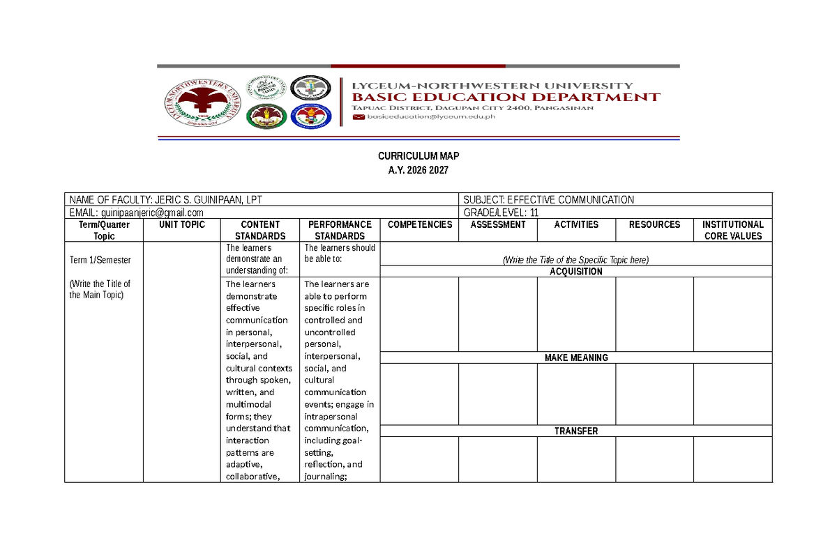 Curriculum Map for Effective Communication 11 (A.Y. 2026-2027) - Studocu
