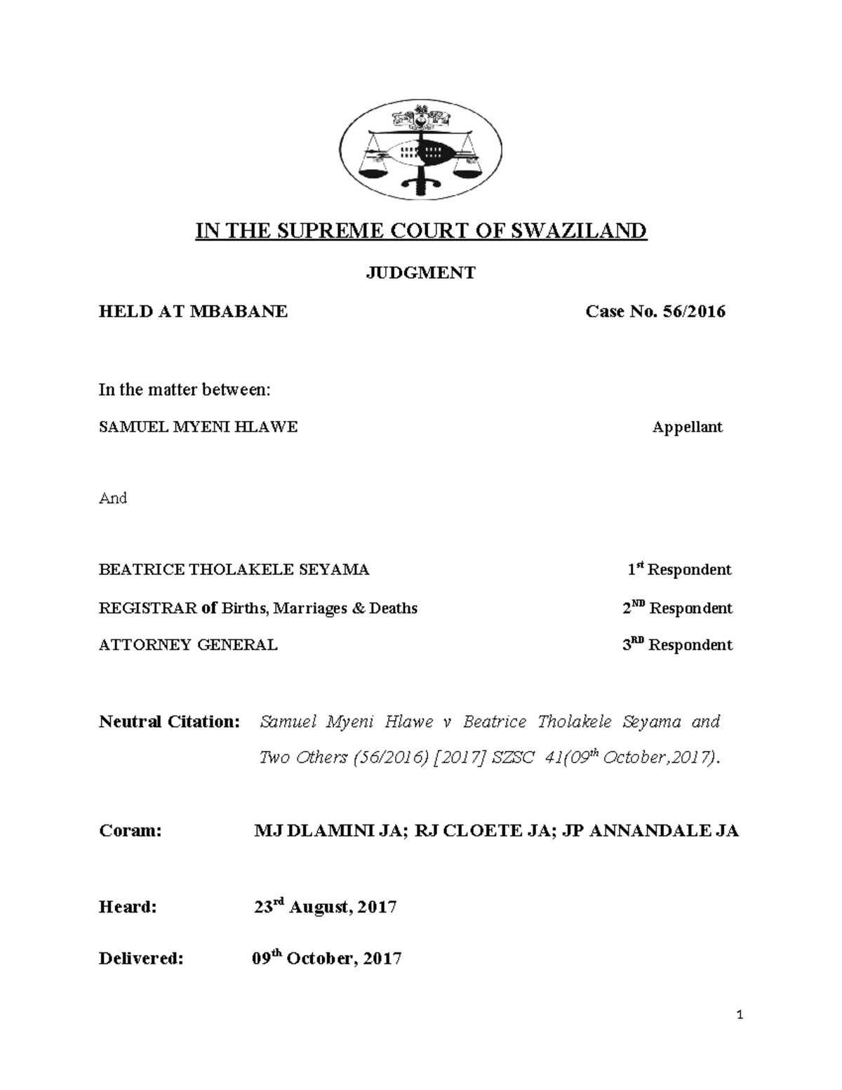Hlawe v Seyama & Others: Customary Marriage Dissolution Appeal (SZSC 41 ...