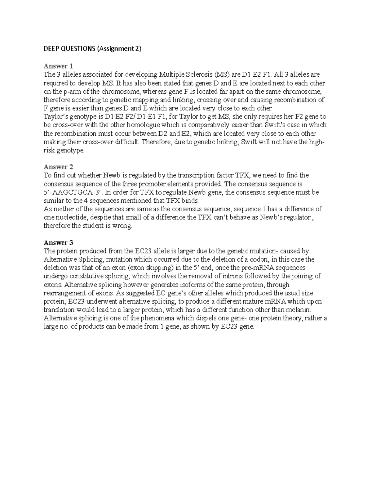 DEEP Questions - MS Genetics & TFX Regulation (Assignment 2) - Studocu