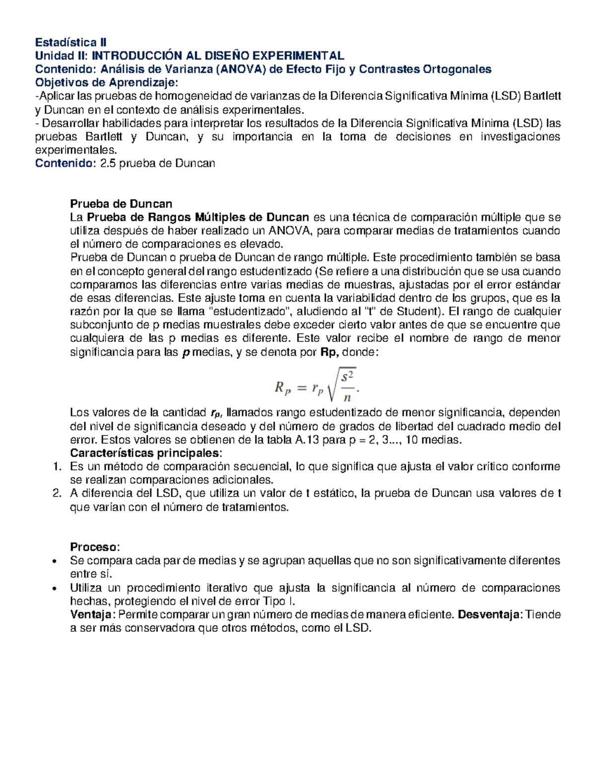 Prueba de Duncan en ANOVA - Estadística II (Unidad II) - Studocu