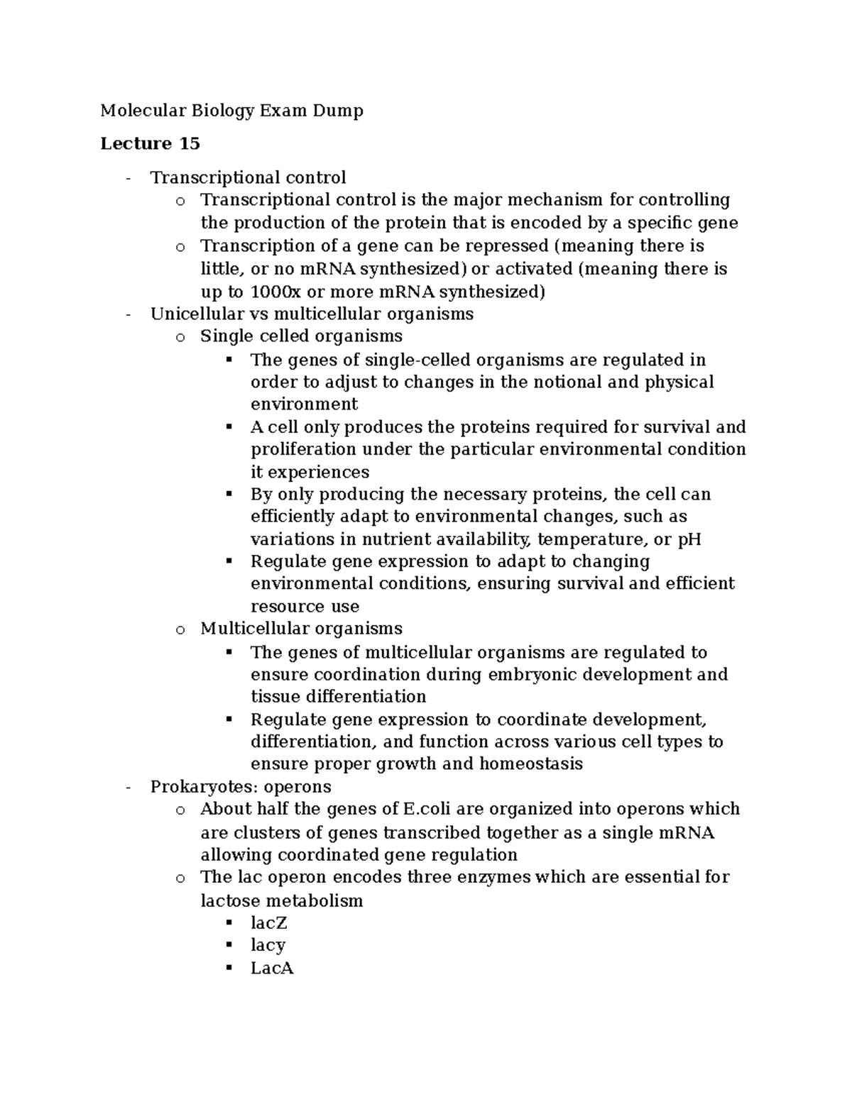 Molecular Biology Exam Dump: Lecture 15 on Transcriptional Control ...