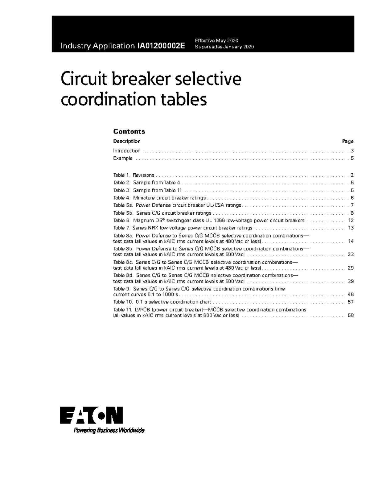 Selective coordination tables for circuit breakers - EATON 2020 - Studocu