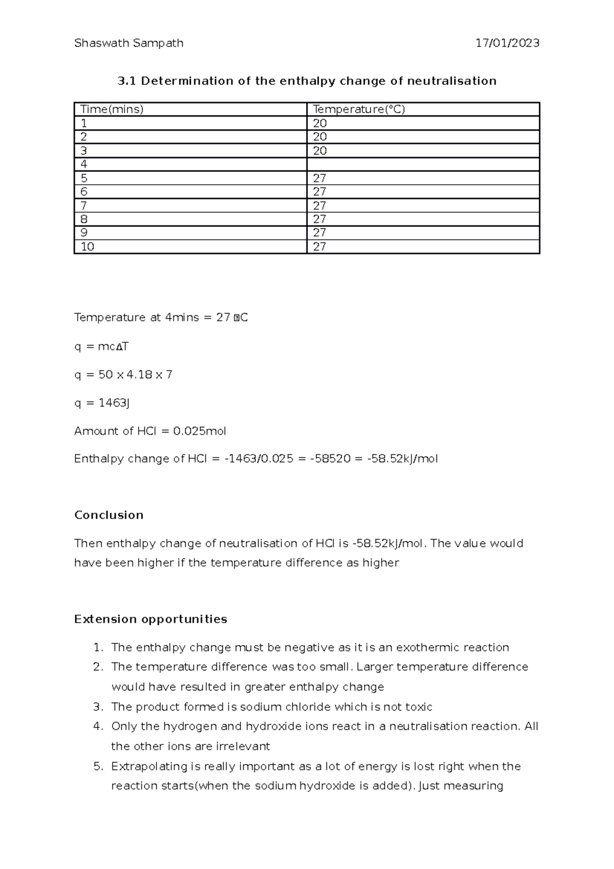 3.1 Enthalpy Change of Neutralisation: Experimental Results & Analysis ...