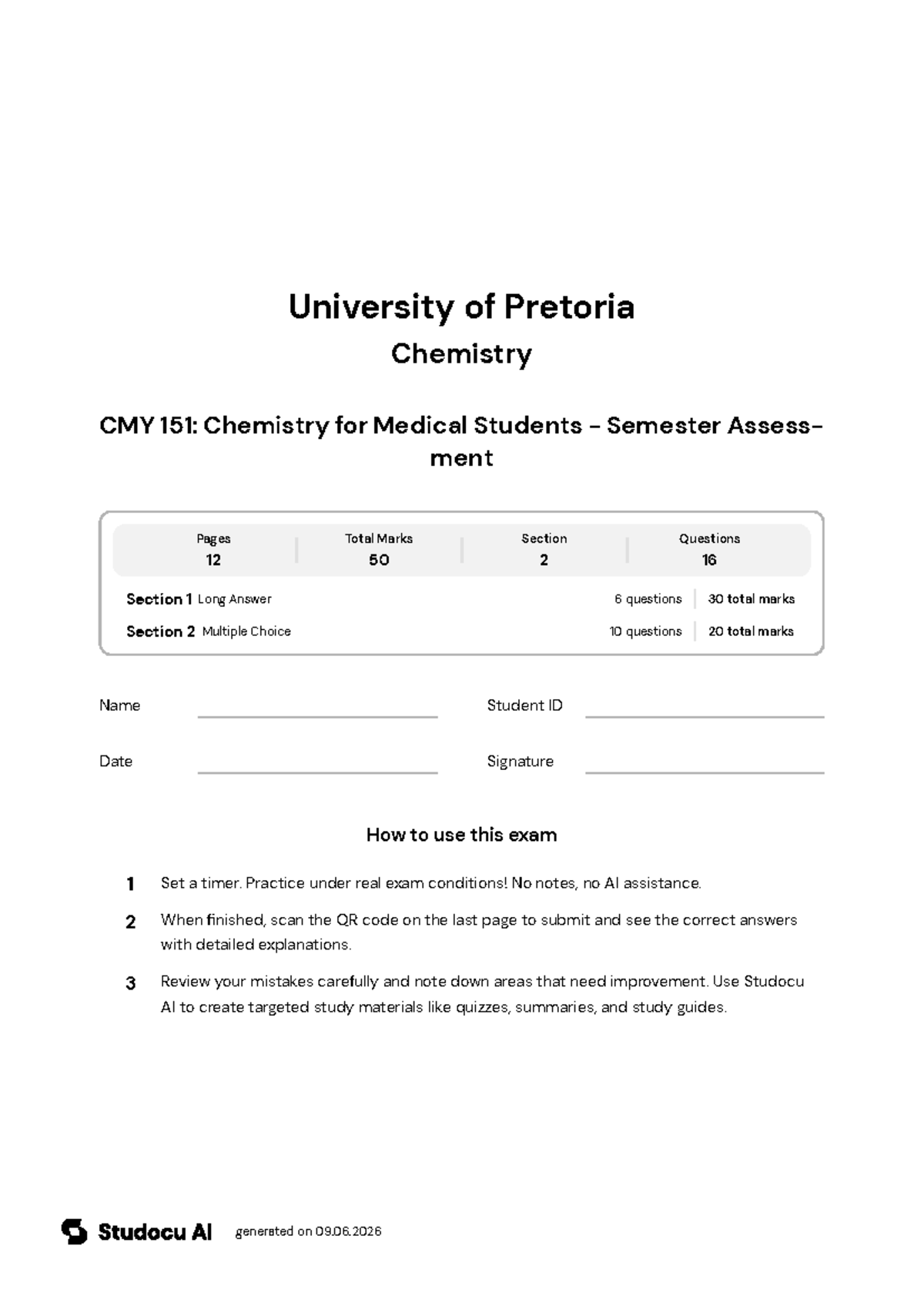 CMY 151: Chemistry for Medical Students - Semester Assessment - Studocu