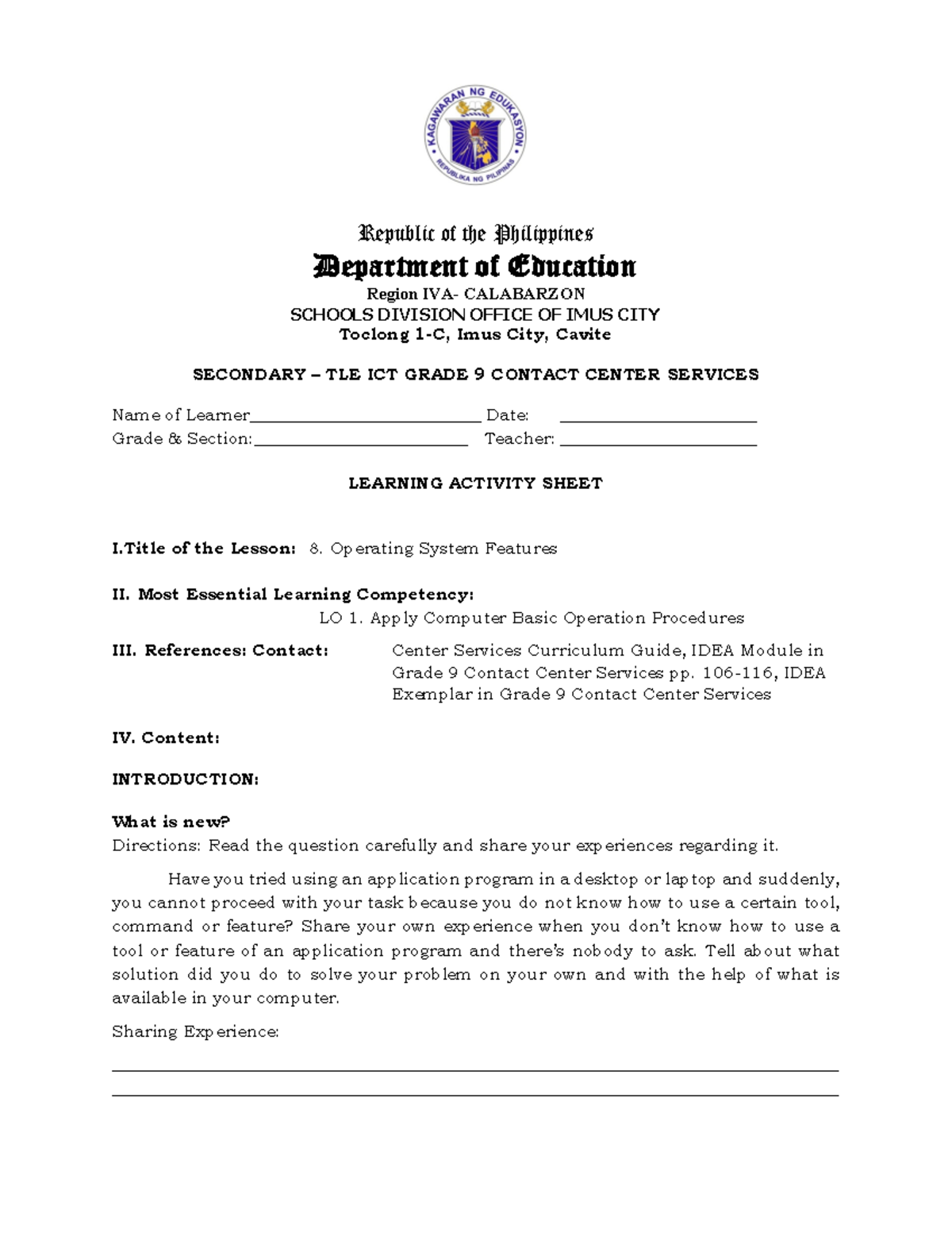 Learning activity sheet - Republic of the Philippines Department of ...