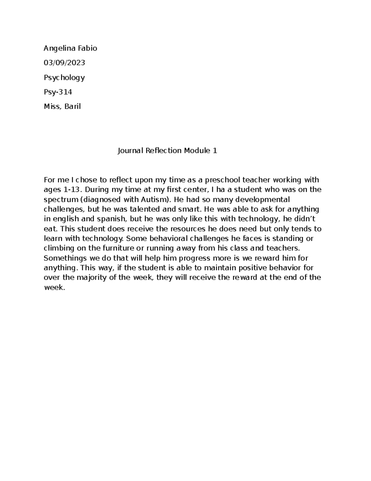 Psychology Reflection: Module 1 on Autism in Preschool Education - Studocu