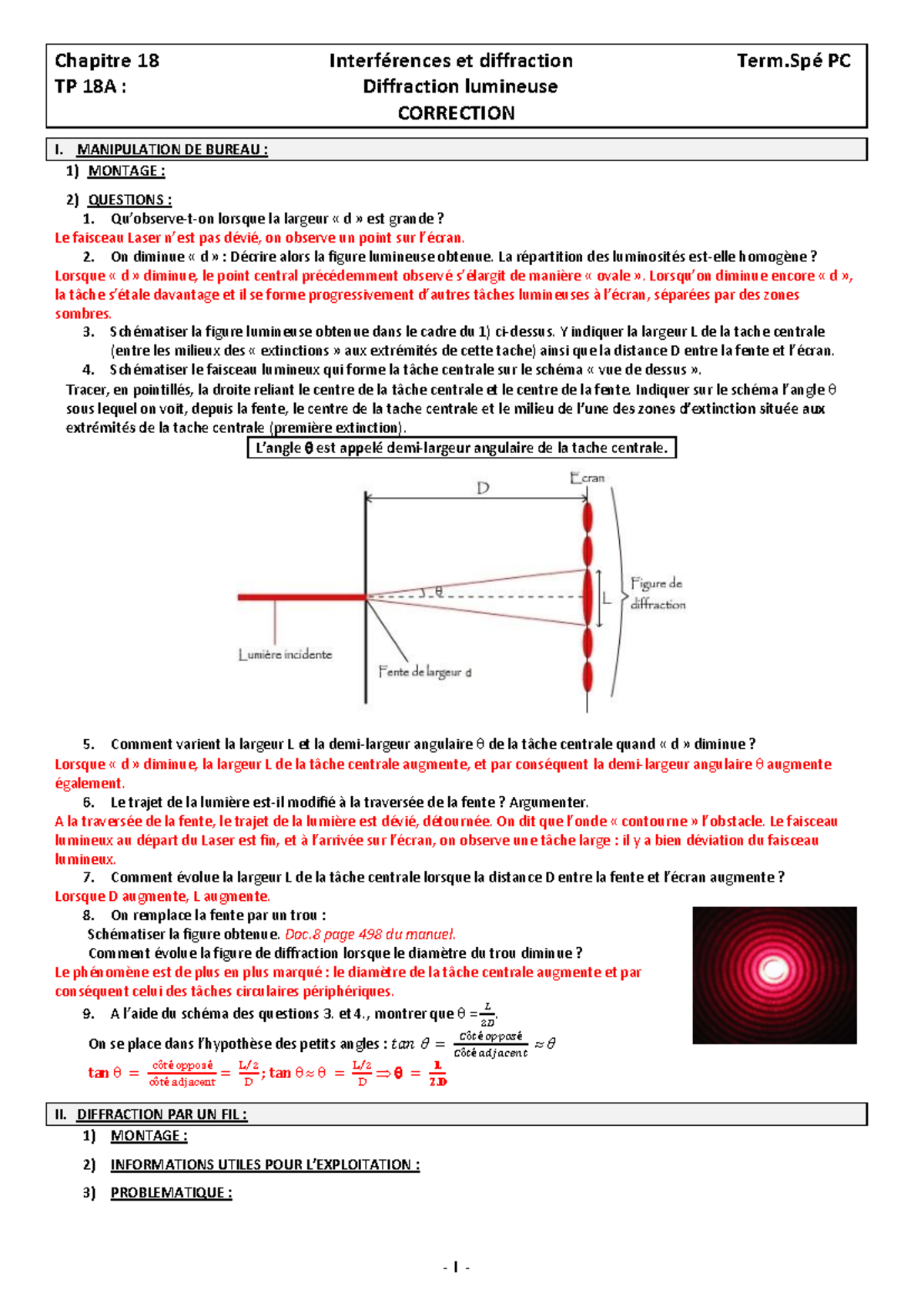 TP 18A Correction sur la Diffraction Lumineuse et Modélisation - Studocu