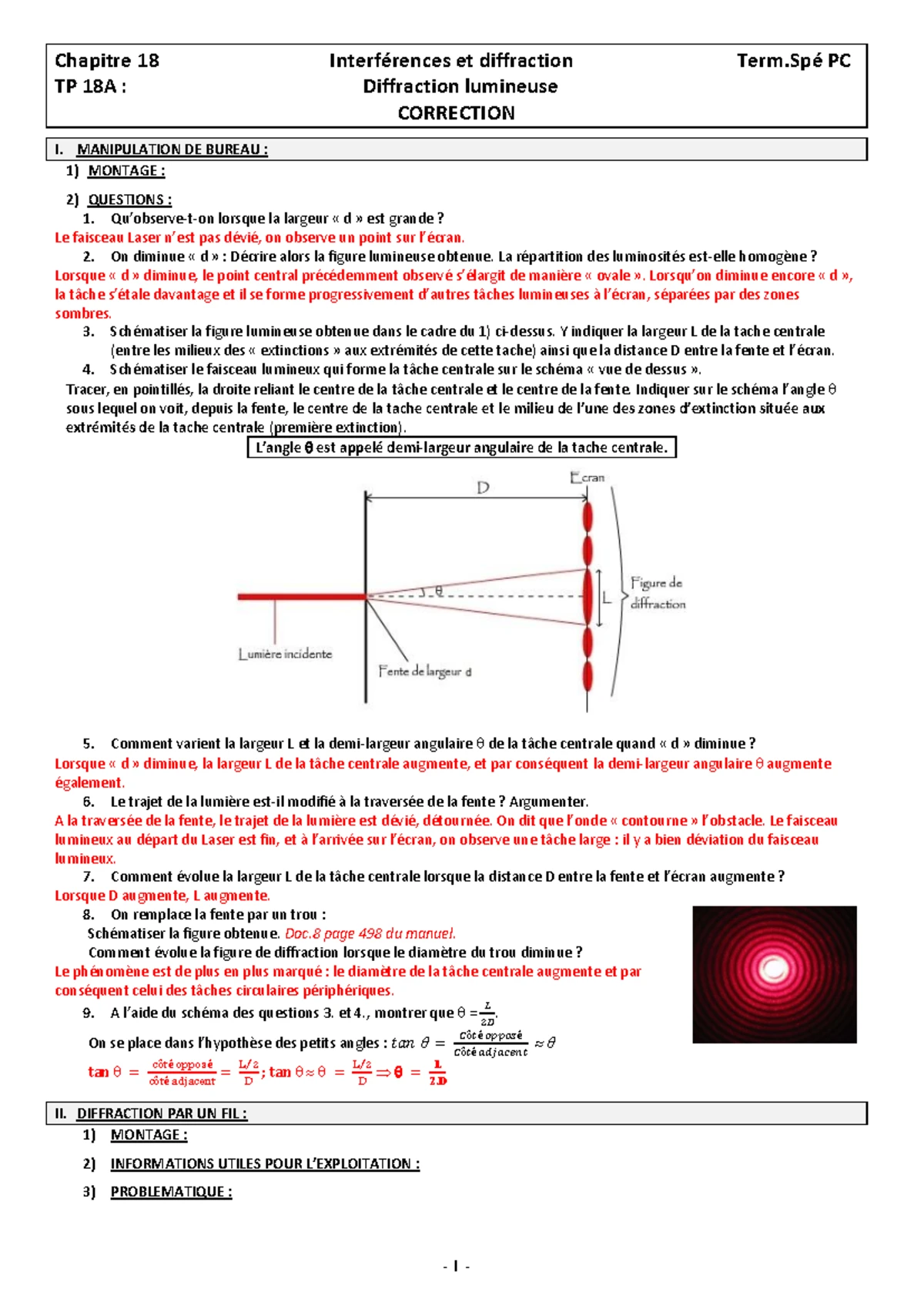 TP 18A Phénomène de diffraction correction - Chapitre 18 Interférences et diffraction Termé PC ...