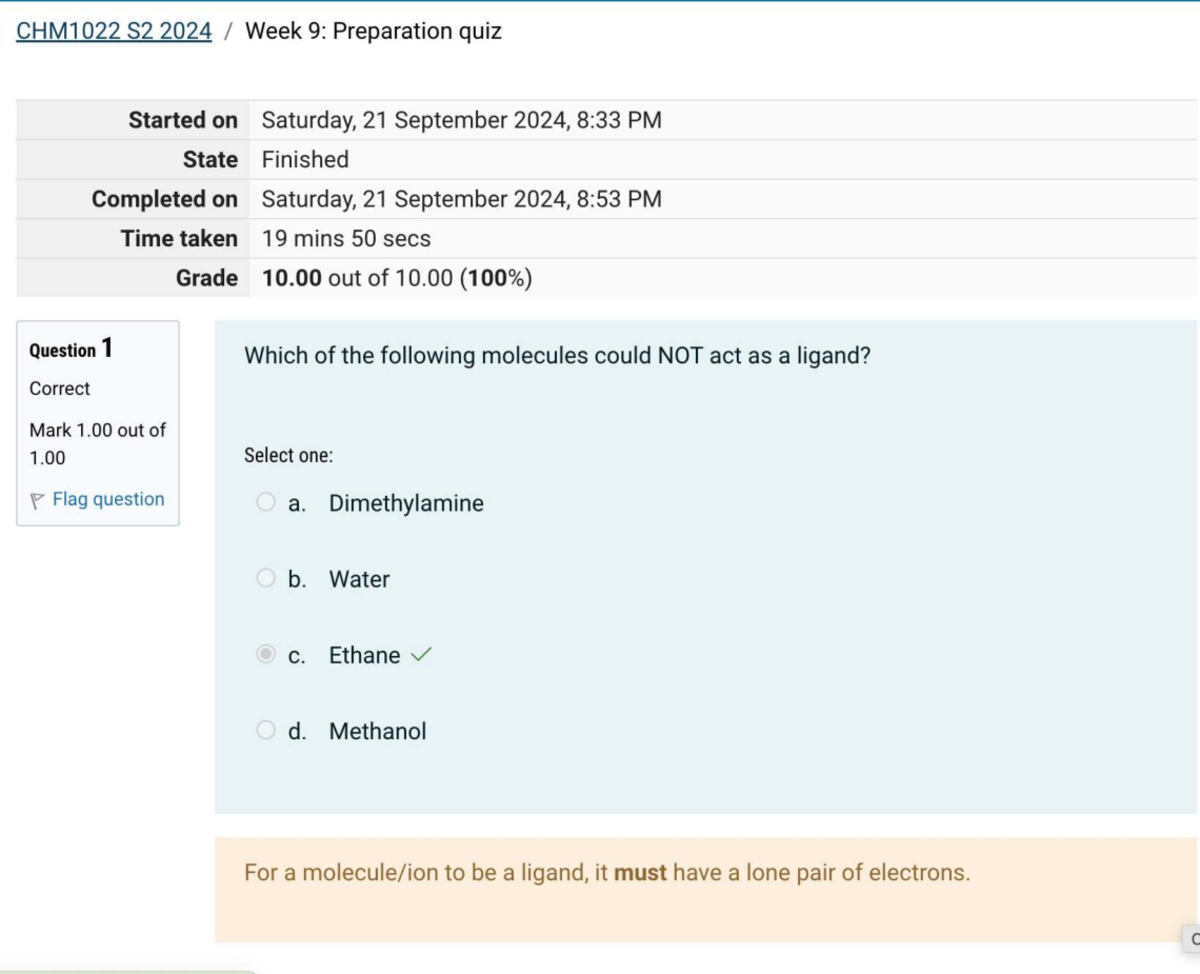 CHM1022 S2 2024 Week 9: Preparation Quiz Answers and Review - Studocu