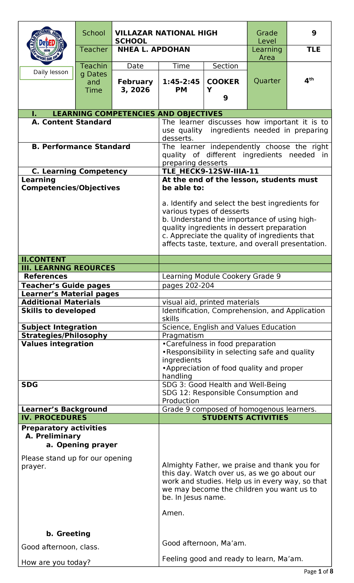 TLE 9 - Daily Lesson Plan on Quality Ingredients for Desserts - Studocu