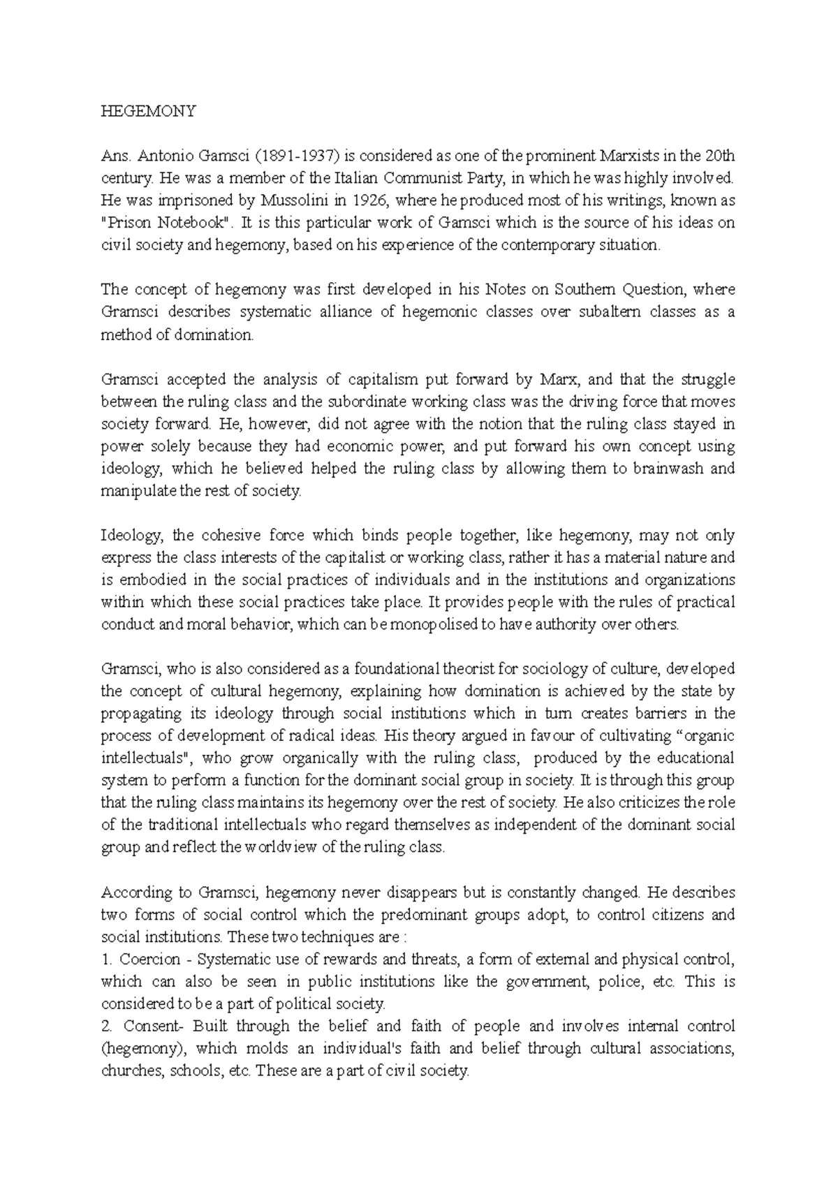 Gramsci's Concept of Hegemony - HEGEMONY Ans. Antonio Gamsci (1891-1937 ...