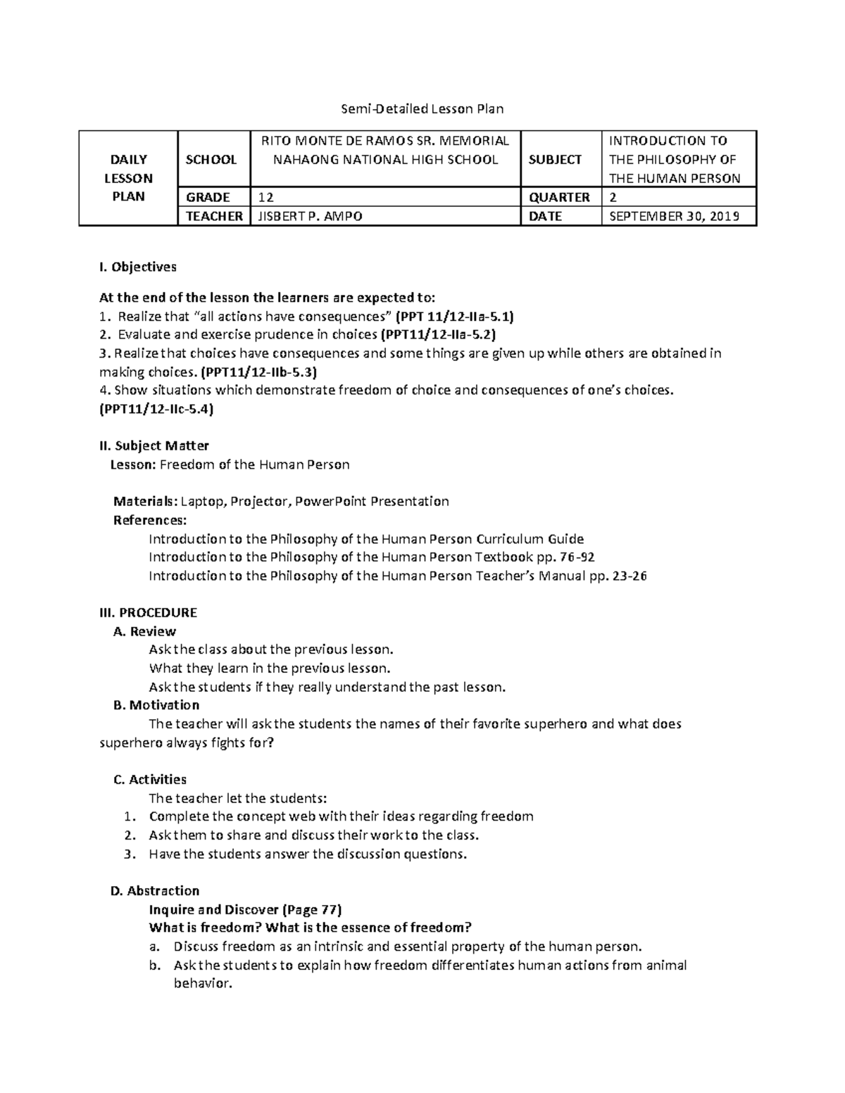 Grade 12 Lesson Plan: Introduction to Philosophy of Human Person - Studocu
