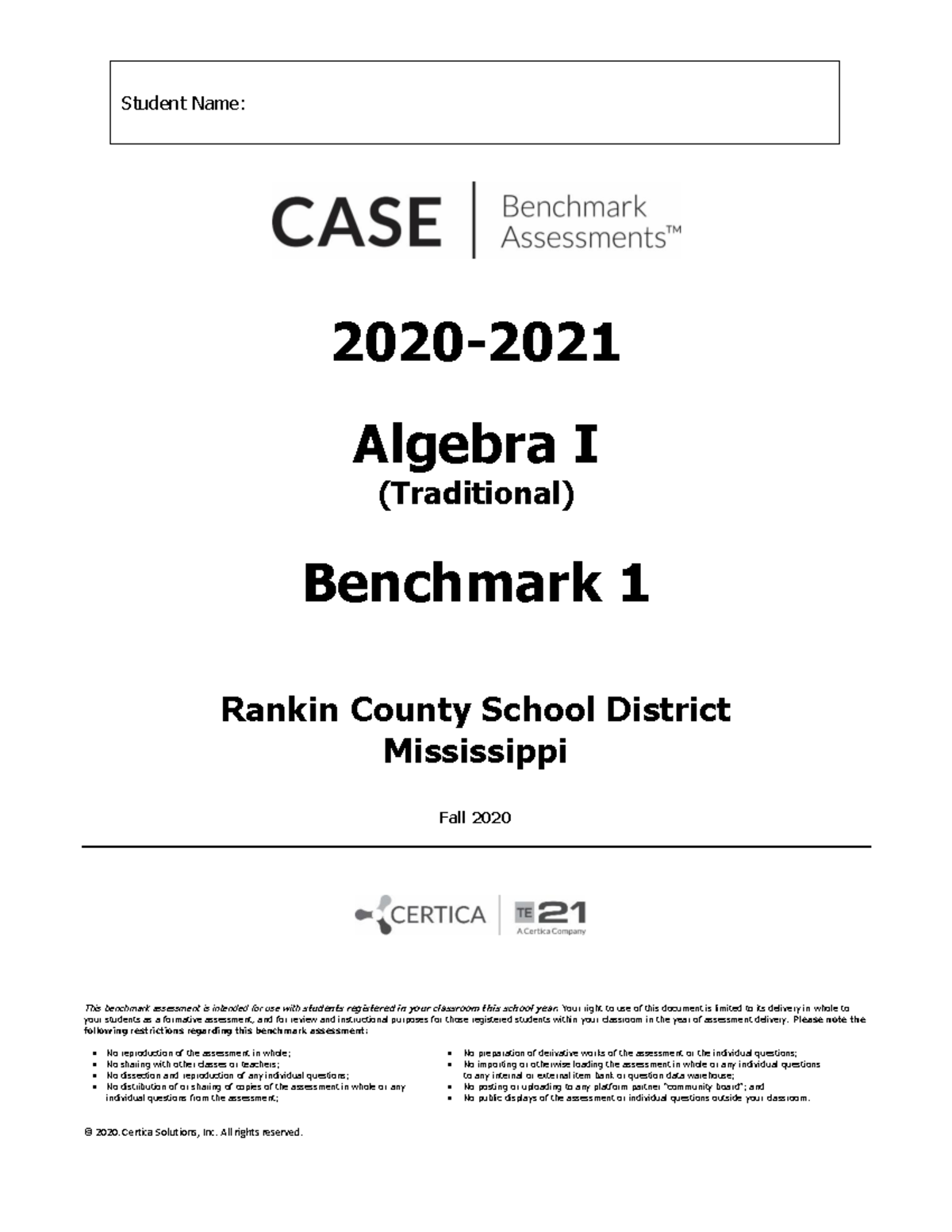 Algebra I Benchmark Assessment - Rankin County School District Fall ...