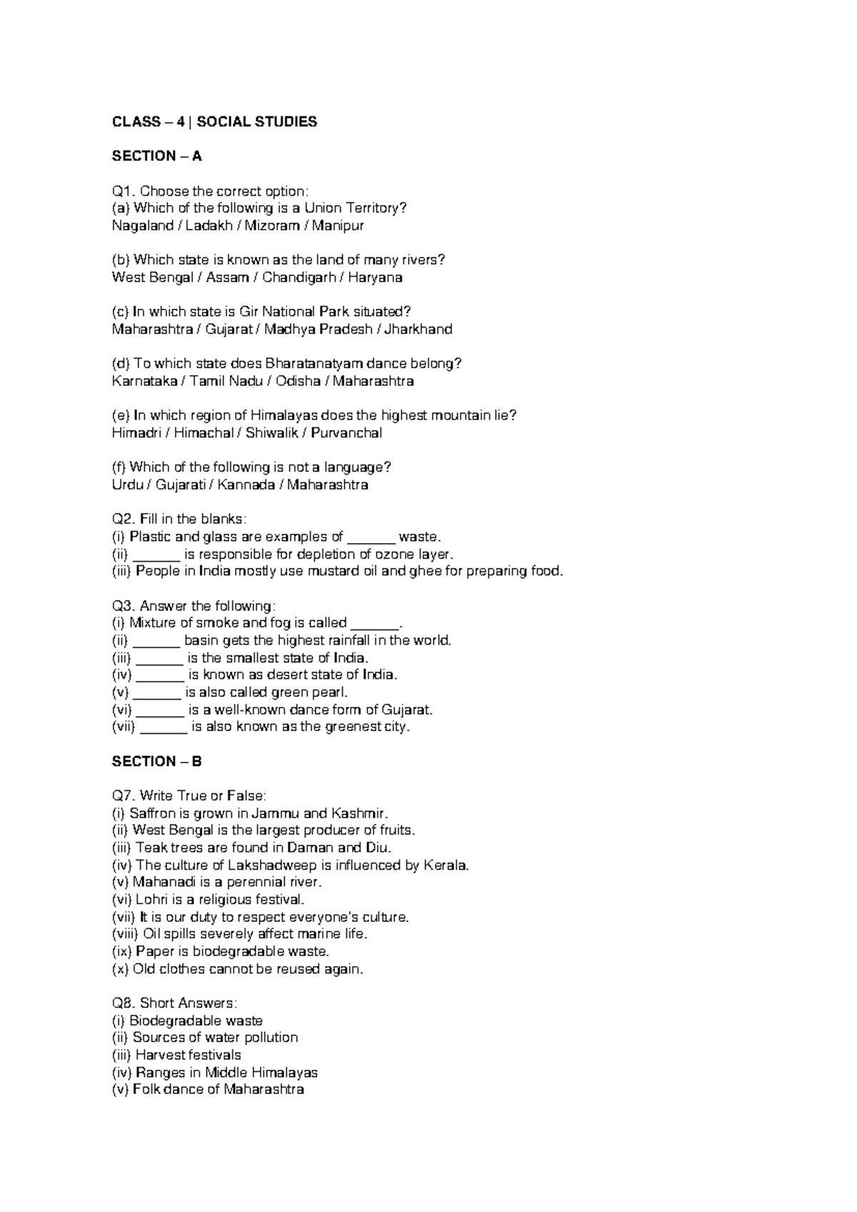 Class 4 SST Section A & B Question Paper - Studocu