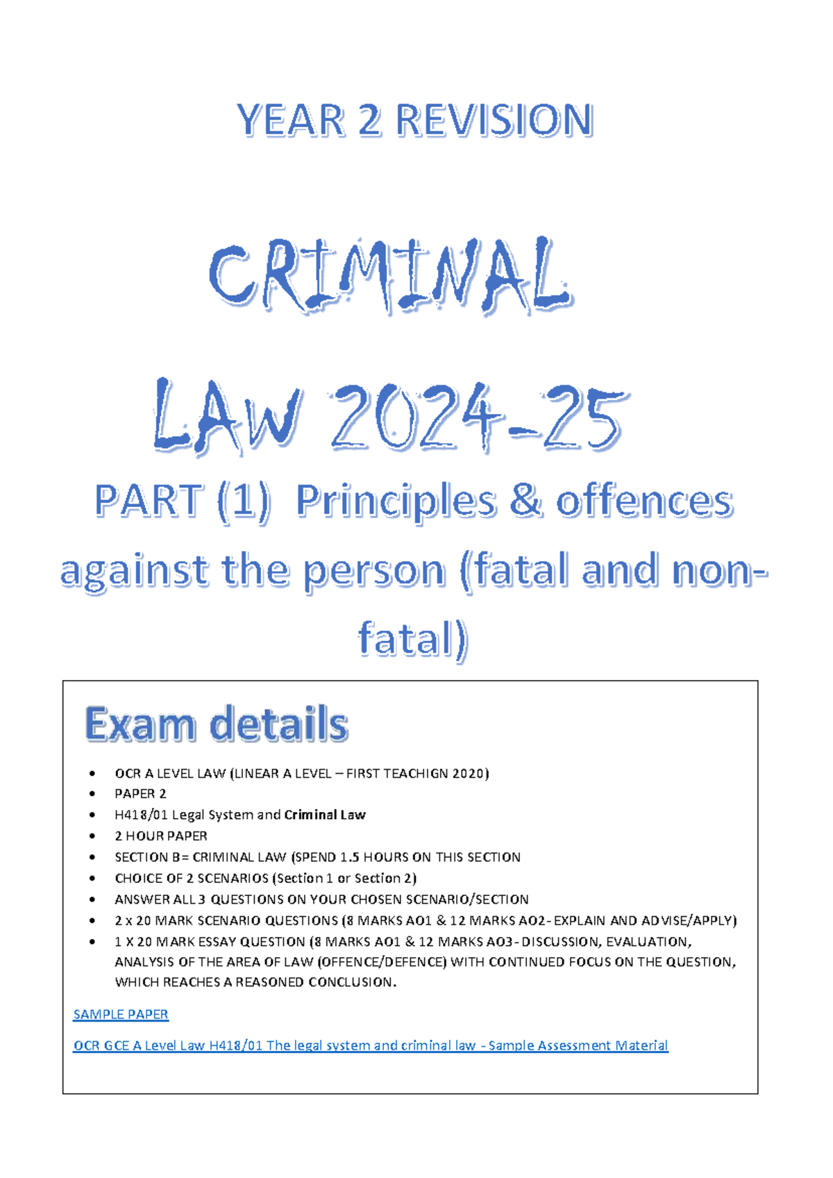 OCR A Level Law H418/01 Sample Assessment: Focus on Criminal Law ...