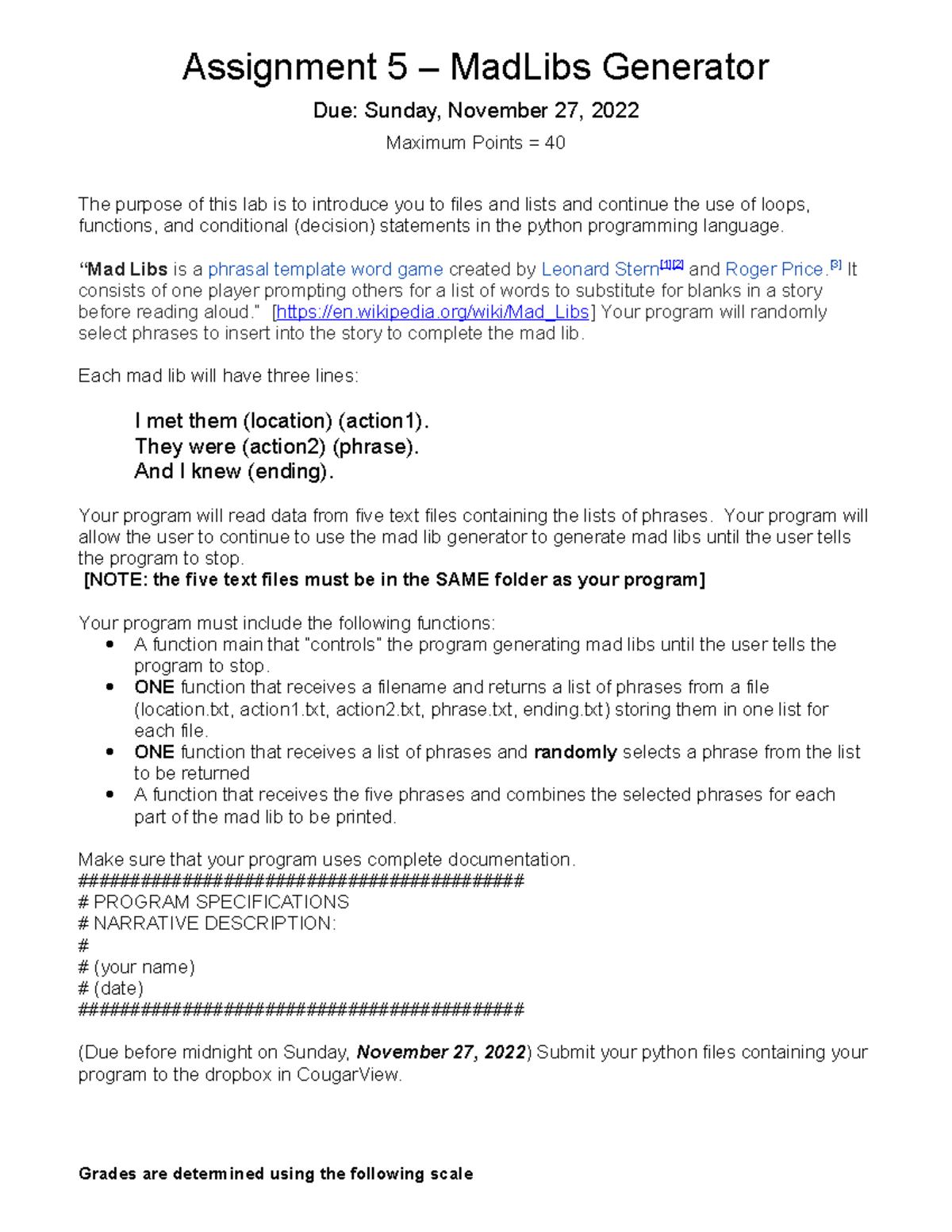 Assignment 5: MadLibs Generator for Python Programming (CS101) - Studocu