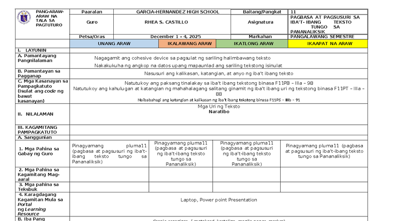 DLL Q1-4: Mga Kasanayan sa Pagbasa at Pagsusuri ng Teksto - Studocu