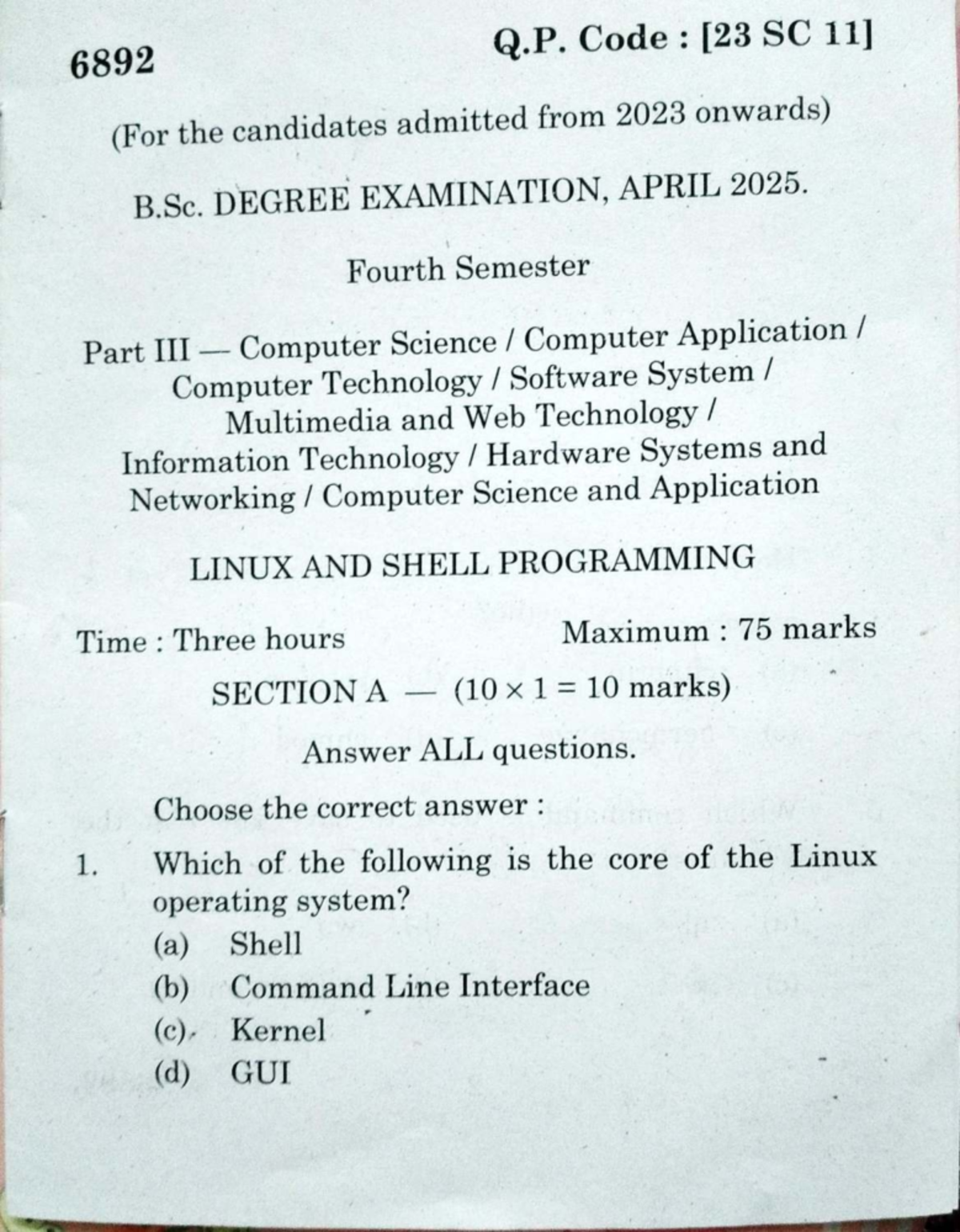 6892 B.Sc. Final Exam Q.P. - Linux & Shell Programming 2025 - Studocu