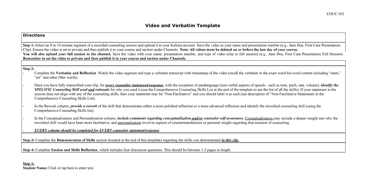 Practicum Video & Verbatim Template for Counseling Skills Analysis ...