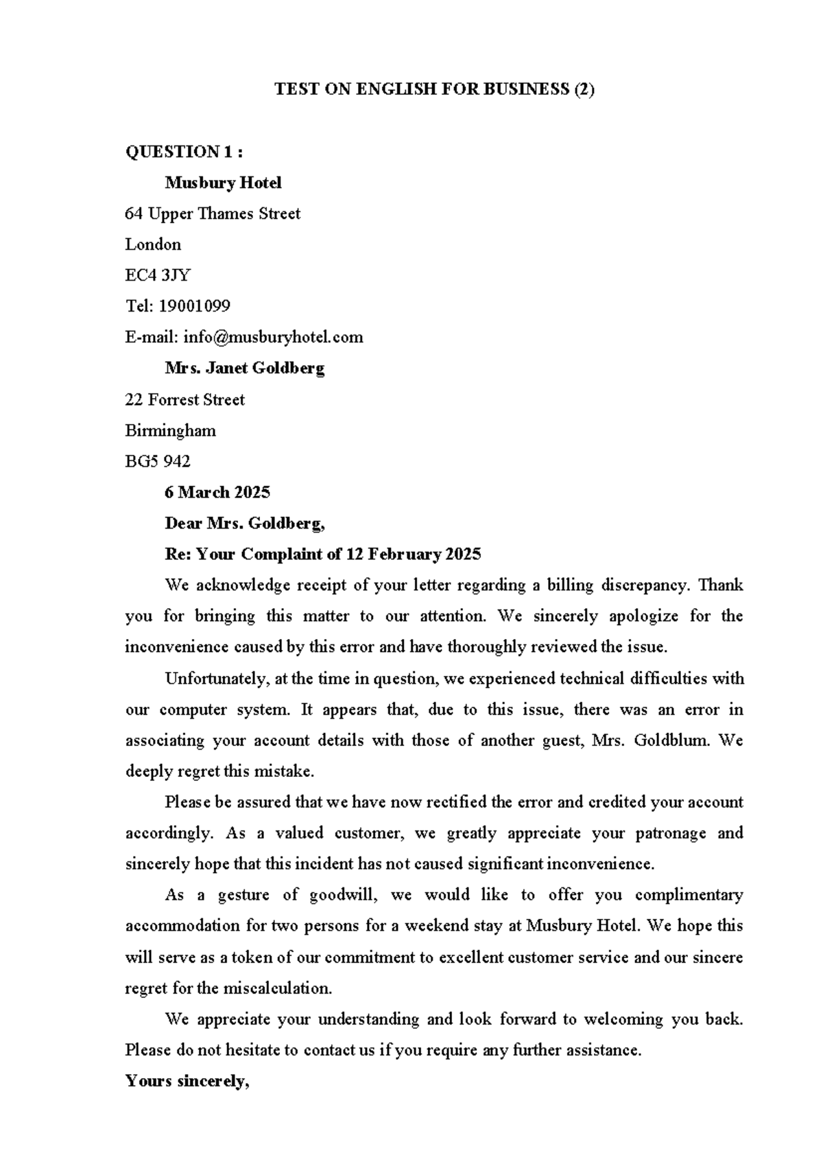 Test on English for business (2) - complaint response letter - Studocu