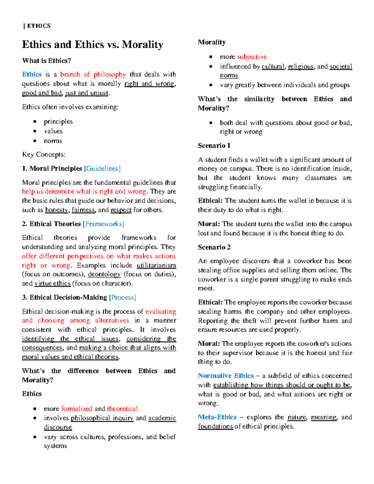 ETHICS Ethics vs. Morality: Key Concepts and Applications in Ethics - Studocu