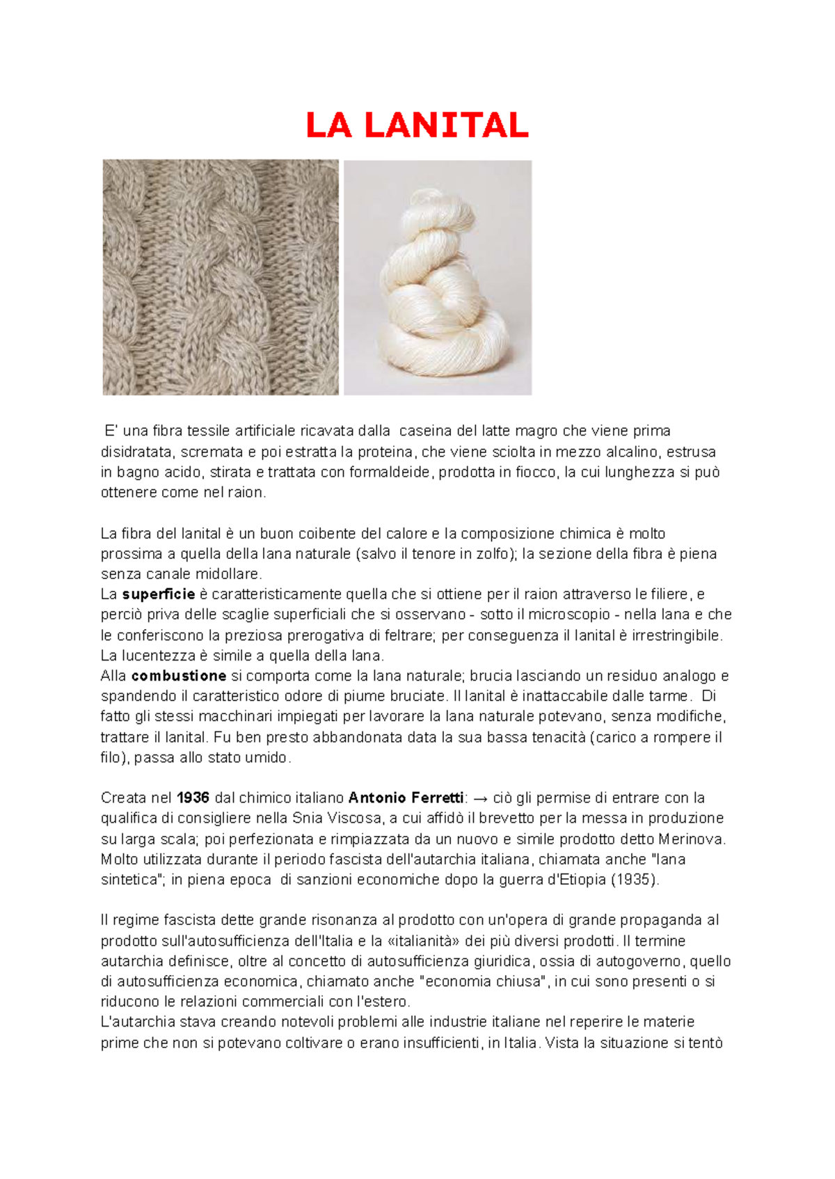 La fibra Lanital: Caratteristiche e Storia della Fibra Tessile - Studocu