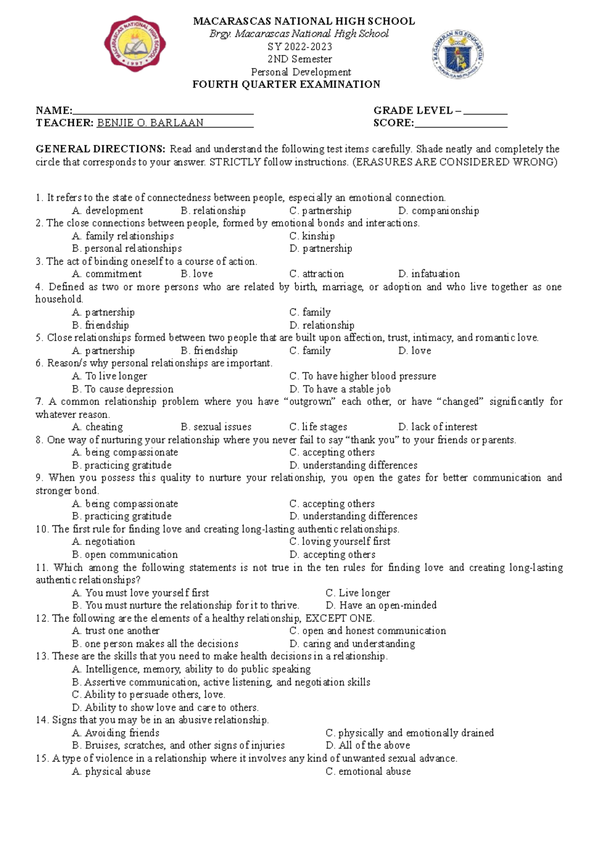 2ND Quarter Perdev Final Exam Review for SY 2022-23 - Studocu