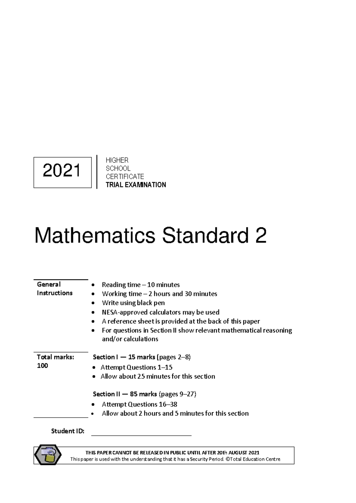 HSC Mathematics Standard 2 Trial Exam 2021 with Solutions - Studocu