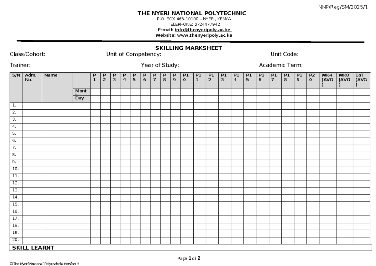 NNP Skilling Marksheet Update for Year 2025 - Studocu