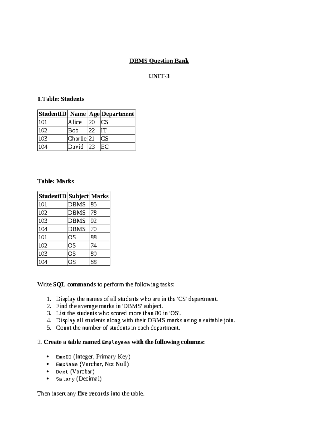 DBMS QB for CLA2 - question bank - DBMS Question Bank UNIT- 1: Students ...