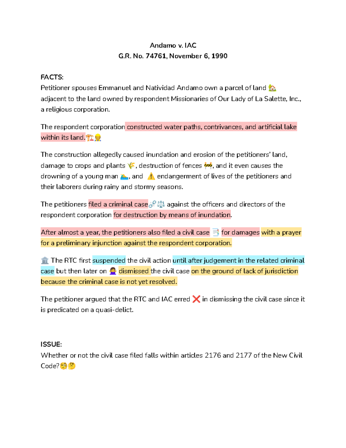 Andamo v. IAC G.R. No. 74761: Civil Case & Quasi-Delict Analysis - Studocu