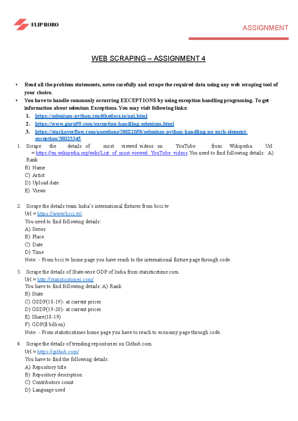 Assignment-4 updated-2-1 - ASSIGNMENT WEB SCRAPING – ASSIGNMENT 4 Read ...