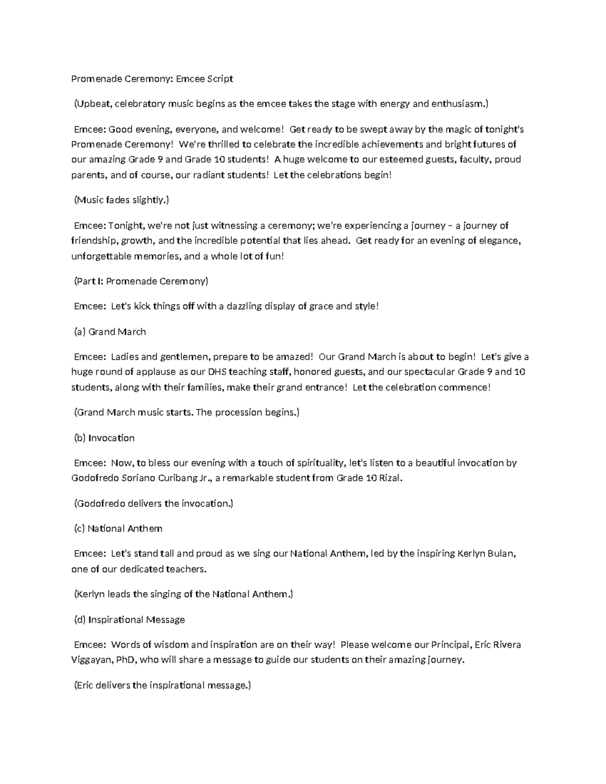 Promenade Ceremony Emcee Script: Celebrating Grade 9 & 10 Achievements ...