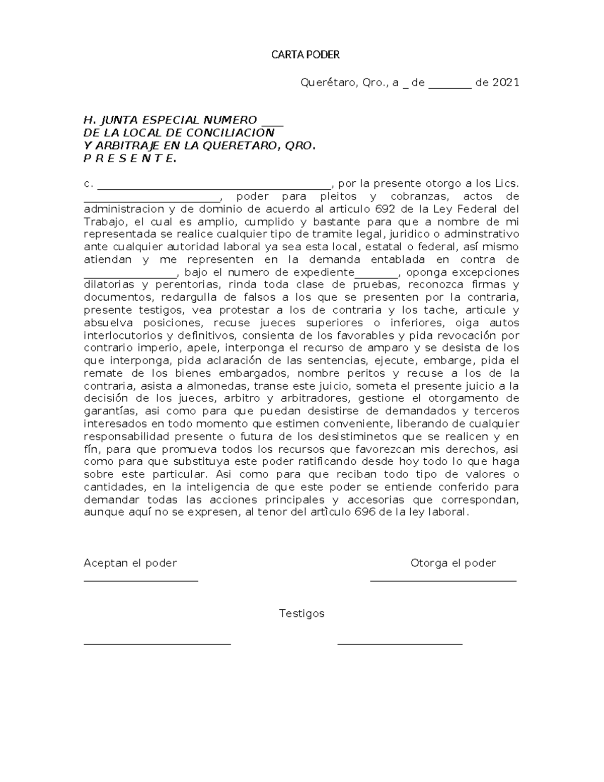 CARTA PODER: Resumen Legal para Congresos y Litigios Laborales - Studocu