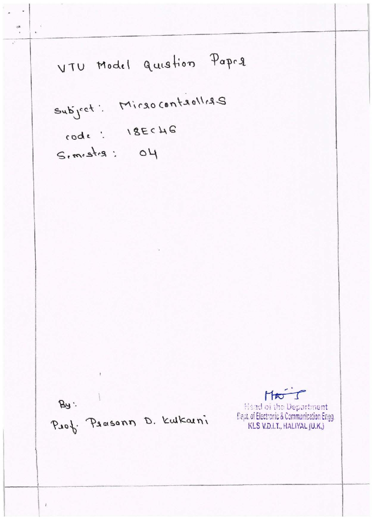 VTU Model Question Paper: Microcontrollers (18EC46) - 4th Sem B.E. Exam ...