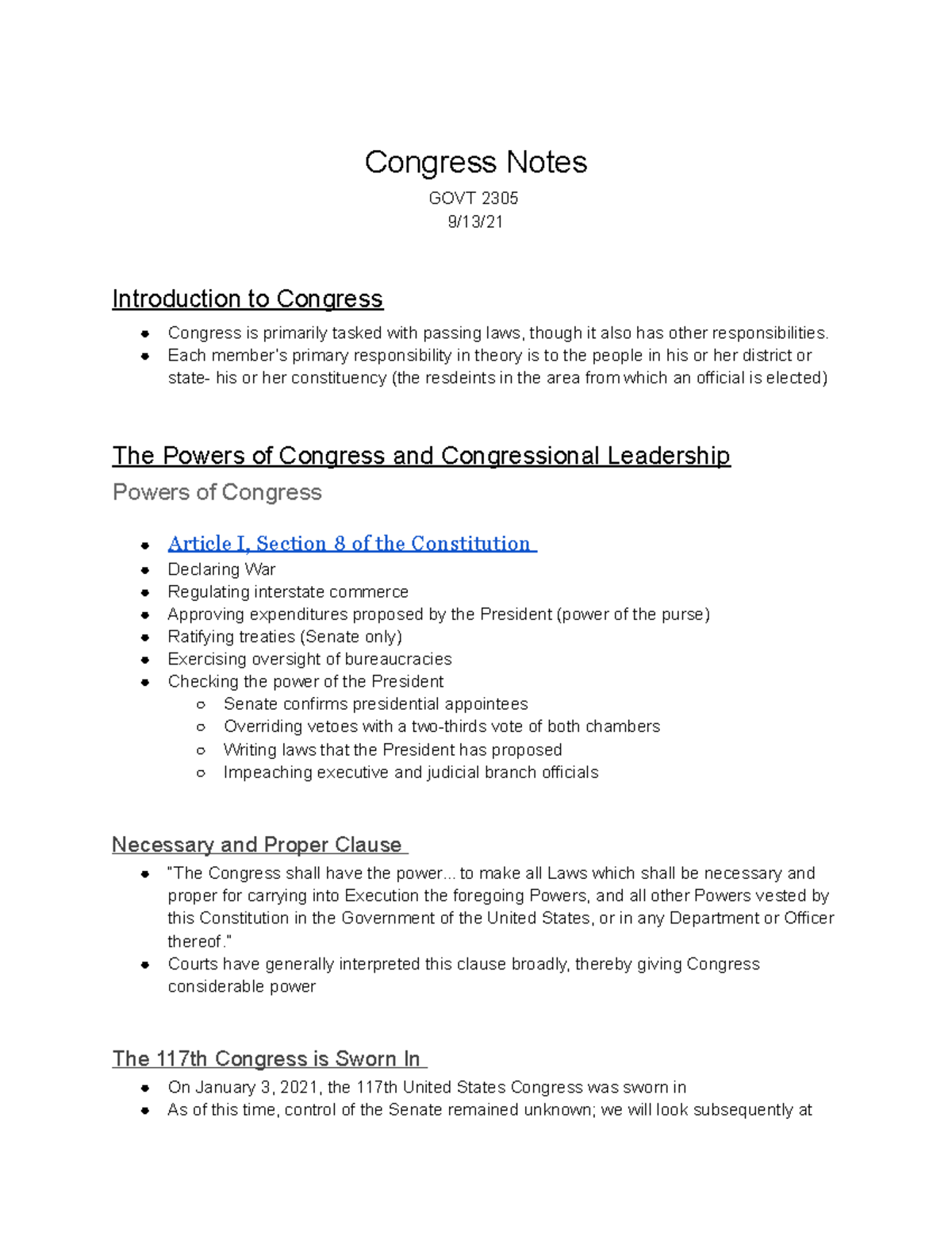 Congress Lecture Notes - Congress Notes GOVT 2305 9/13/ Introduction to ...