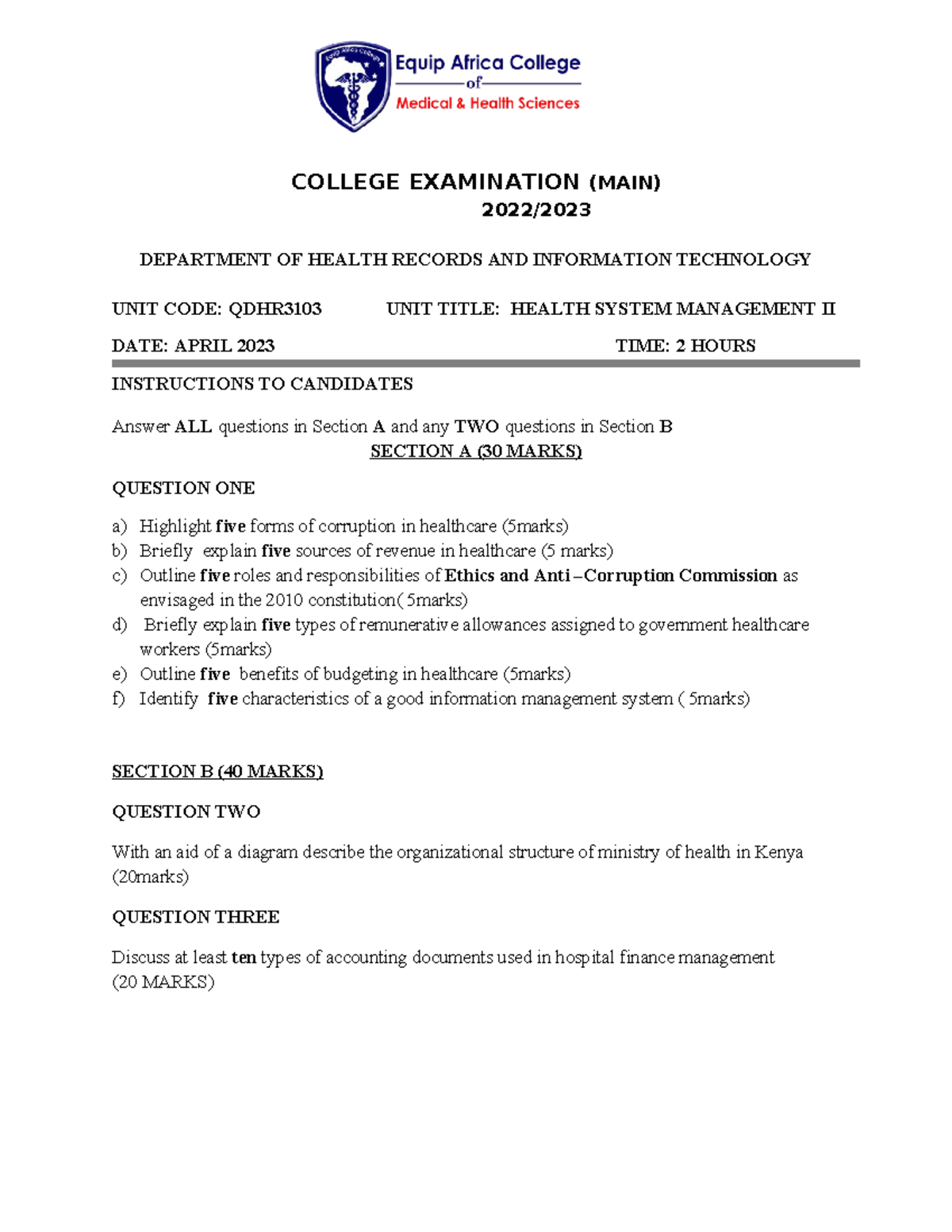 Health System Management II Exam QDHR3103 - April 2023 - Studocu