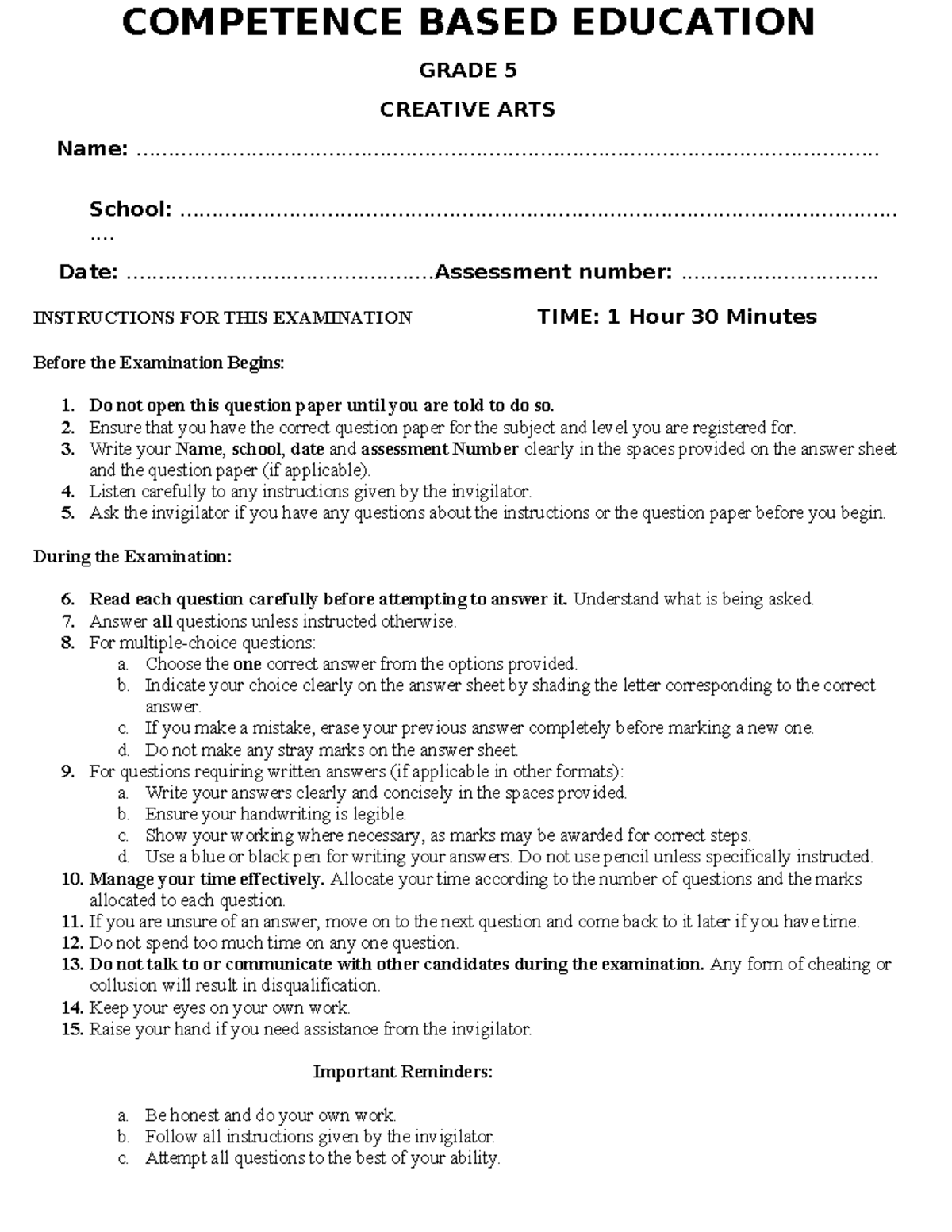 COMPETENCE BASED EDUCATION GRADE 5 CREATIVE ARTS KPSEA Exam Guide - Studocu