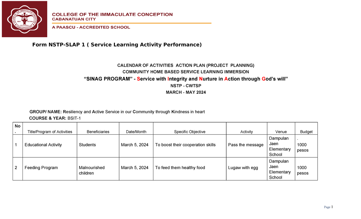NSTP-CWTSP - Calendar of Activities for Sinag Program Action Plan - Studocu