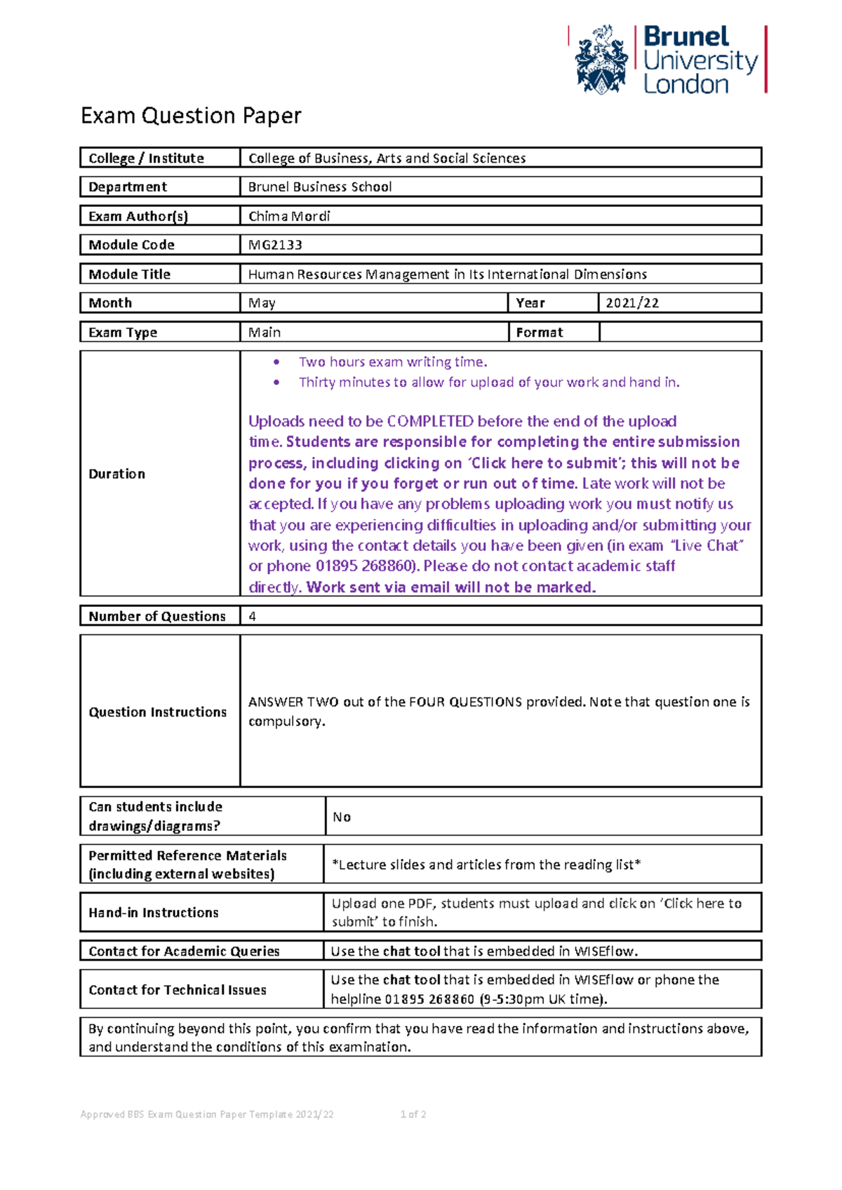 MG 2133. Exam Question Paper 2021 - Approved BBS Exam Question Paper ...